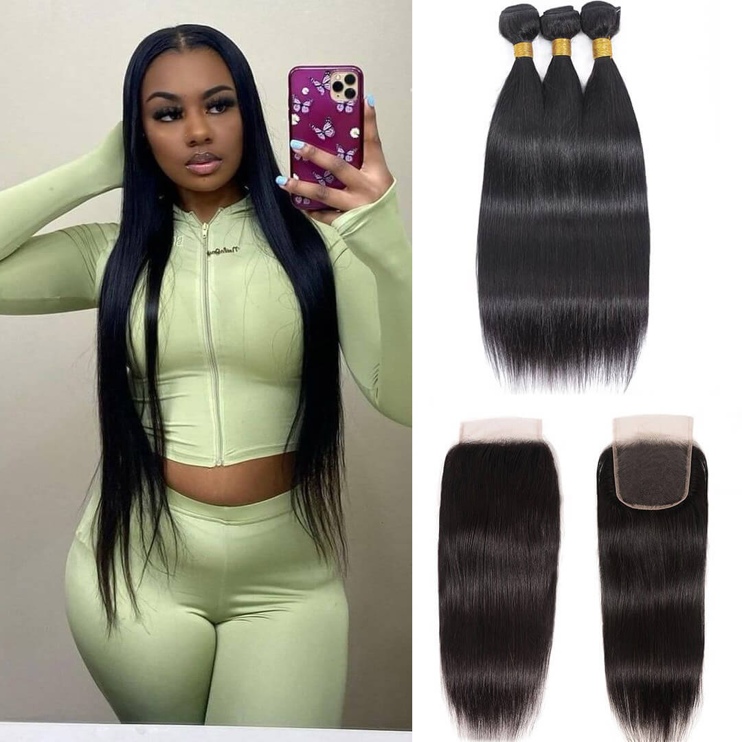 GeetaHair Long Straight Hair 3 Bundles With 4x4 Lace Closure 100% Virg