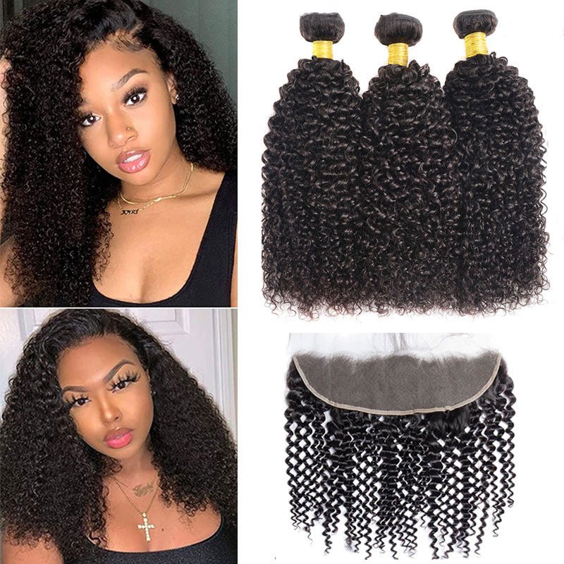 GeetaHair Kinky Curly 3 Bundles with 13x4 Lace Frontal 100% Human Hair